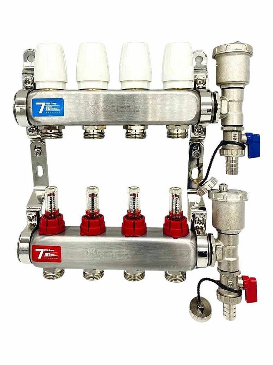 Группа коллекторов с расходомерами Vieir VR112-04A на 4 контура, латунь, без кранов 1" х 3/4"