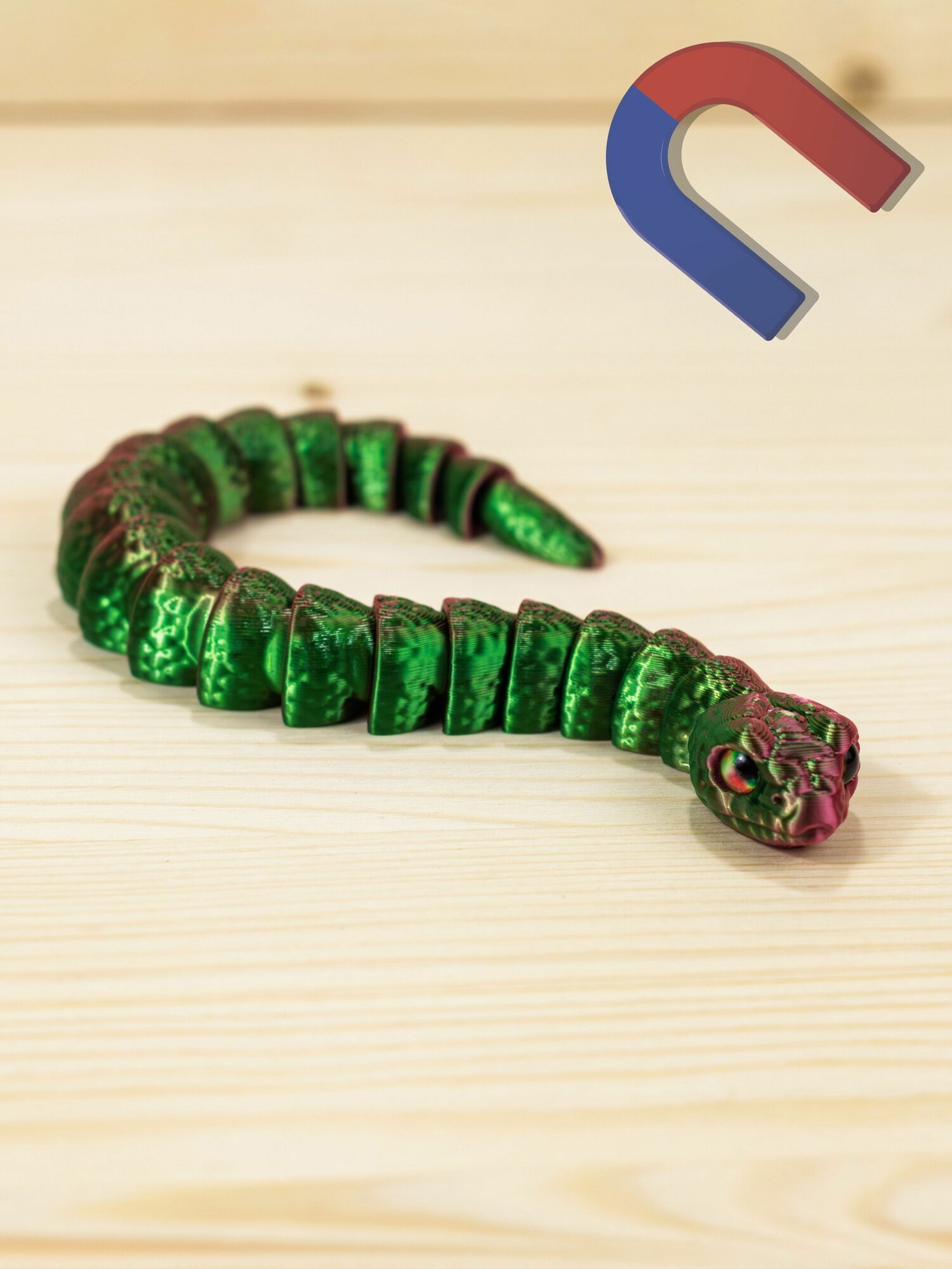 Змея магнитная 24см (шелковистый красно-зелёный, с глазами) / символ года 2025 / игрушка-антистресс