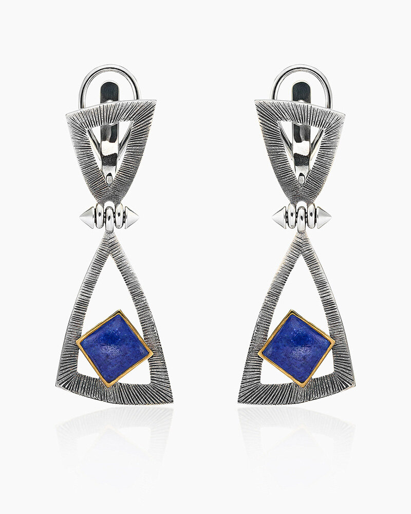Серьги, серебро, 925 проба, золочение, чернение, лазурит