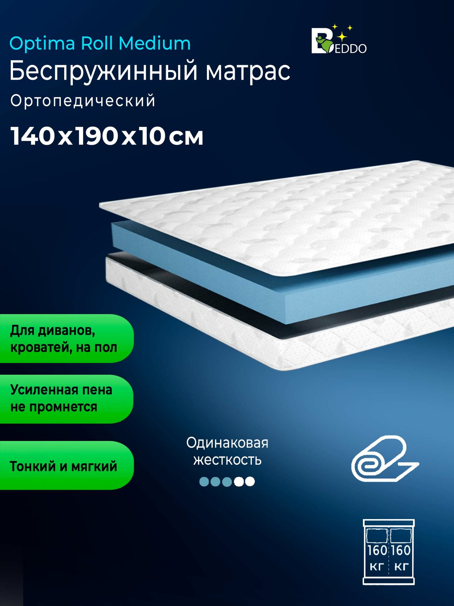 BEDDO SLEEP Матрас, Беспружинный, 140х190 см