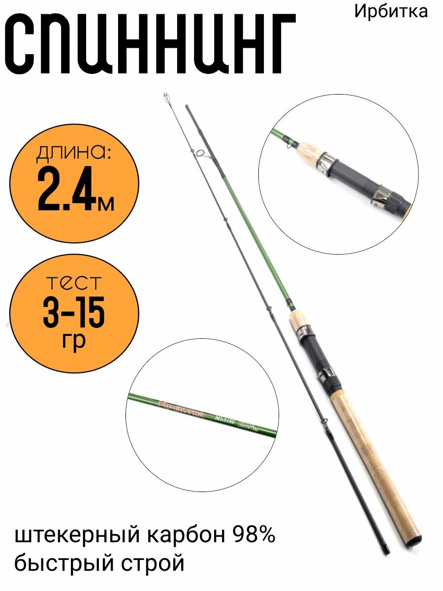 Спиннинг Ирбитка штекерный карбон 98% тест 3-15гр. 2,4м кольца сиг; быстрый строй