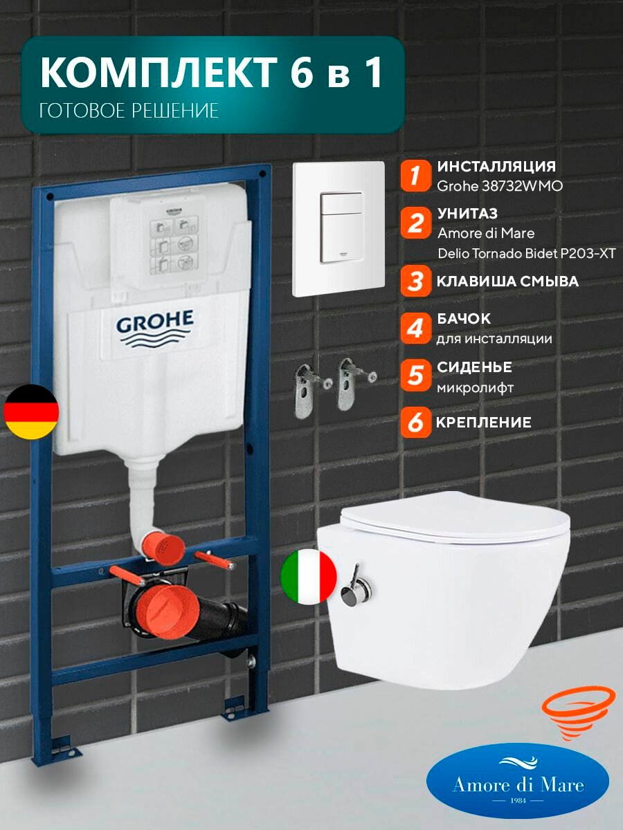 Инсталляция с унитазом 6 в 1: инсталляция Grohe 38732WMO+унитаз Amore di Mare Delio Tornado Bidet P203-XT с функцией биде
