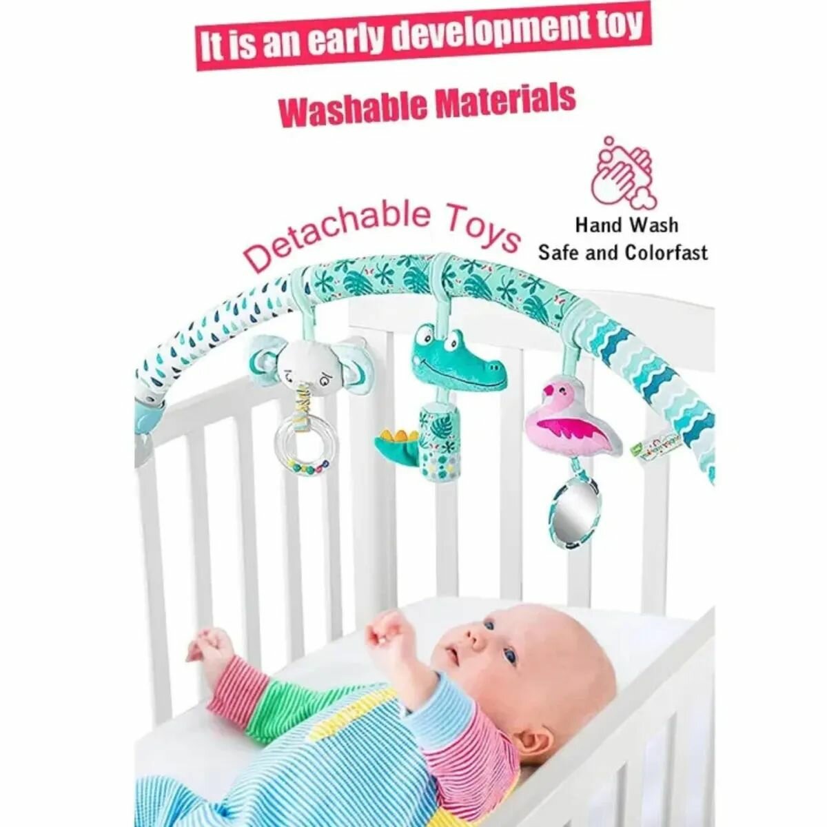 Музыкальная развивающая дуга с подвесными игрушками. Погремушка для новорожденного 0+. Развивающие игрушки Монтессори для мальчиков и девочек. Подвеска на коляску, кроватку. Мобиль игровой. животные