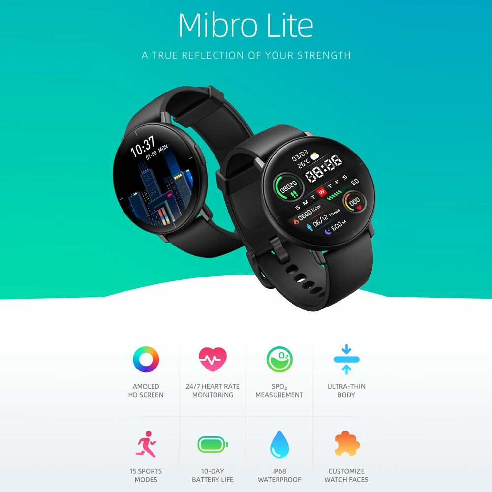 Mibro Lite 1,3" AMOLED смарт-часы, 15 режимов, мониторинг пульса, 230 мАч, черный