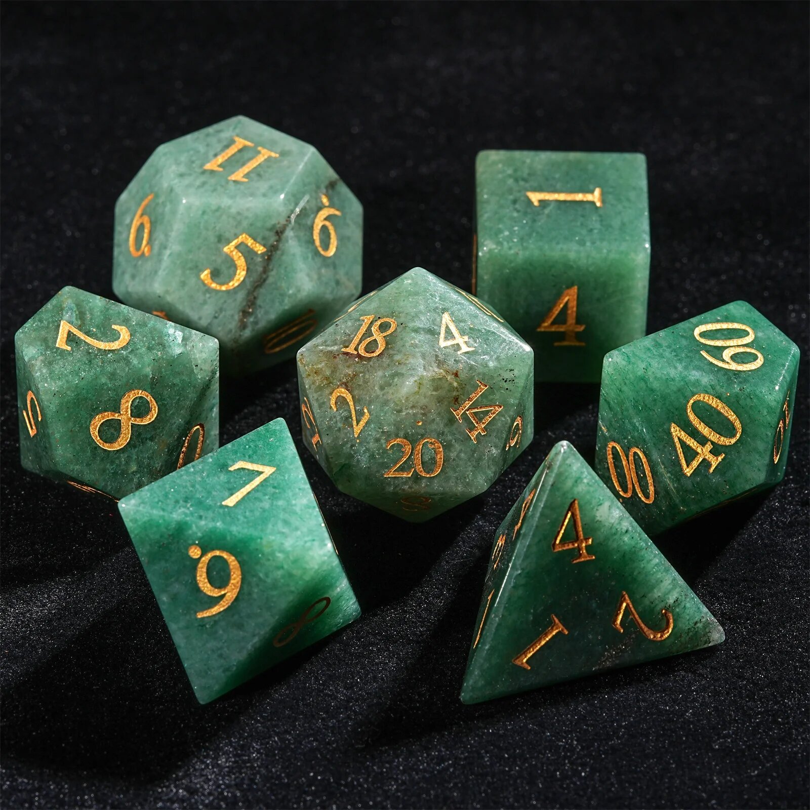 7 шт. DND Dice, зеленые кости с авантюрином, драгоценными камнями, набор кубиков с золотым словом, многогранные многогранные игральные кости для D&D COC, ролевая игра, настольная игра