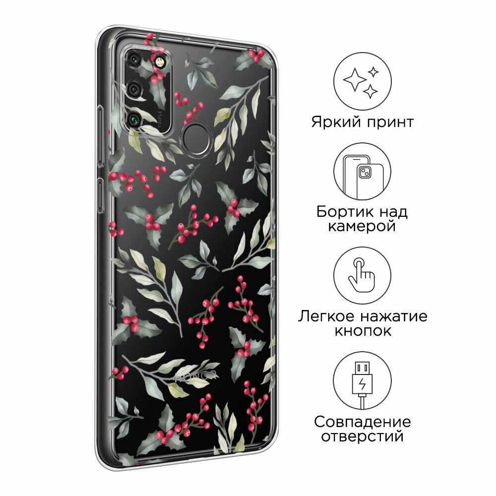 Чехол на Honor 9A / Хонор 9А с принтом Зимние ягоды паттерн, прозрачный — фото 1