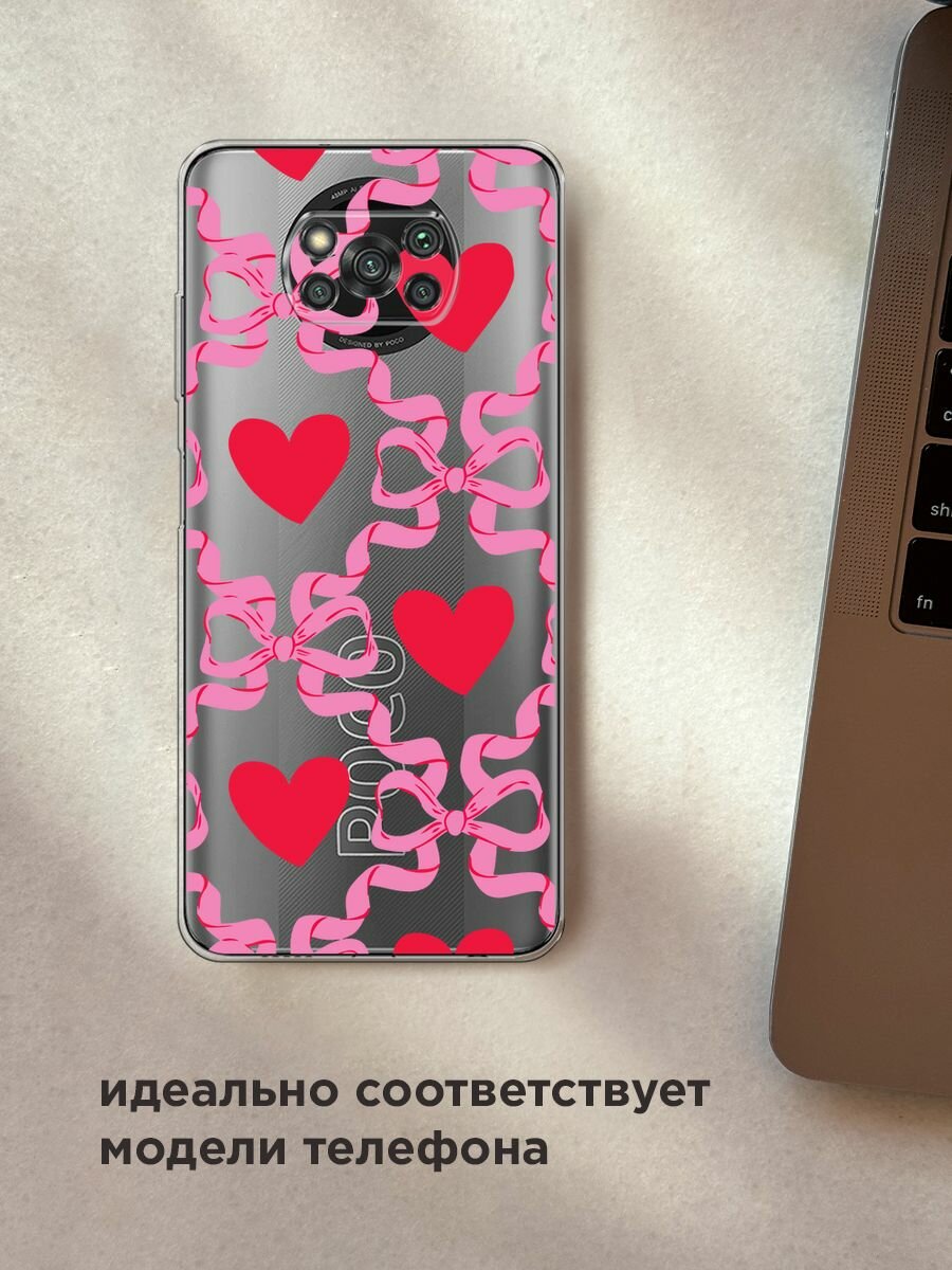 Чехол на Xiaomi Poco X3/X3 Pro / Поко X3/X3 Pro с принтом "Hearts and ribbons 2 - 14 февраля", прозрачный — фото 1