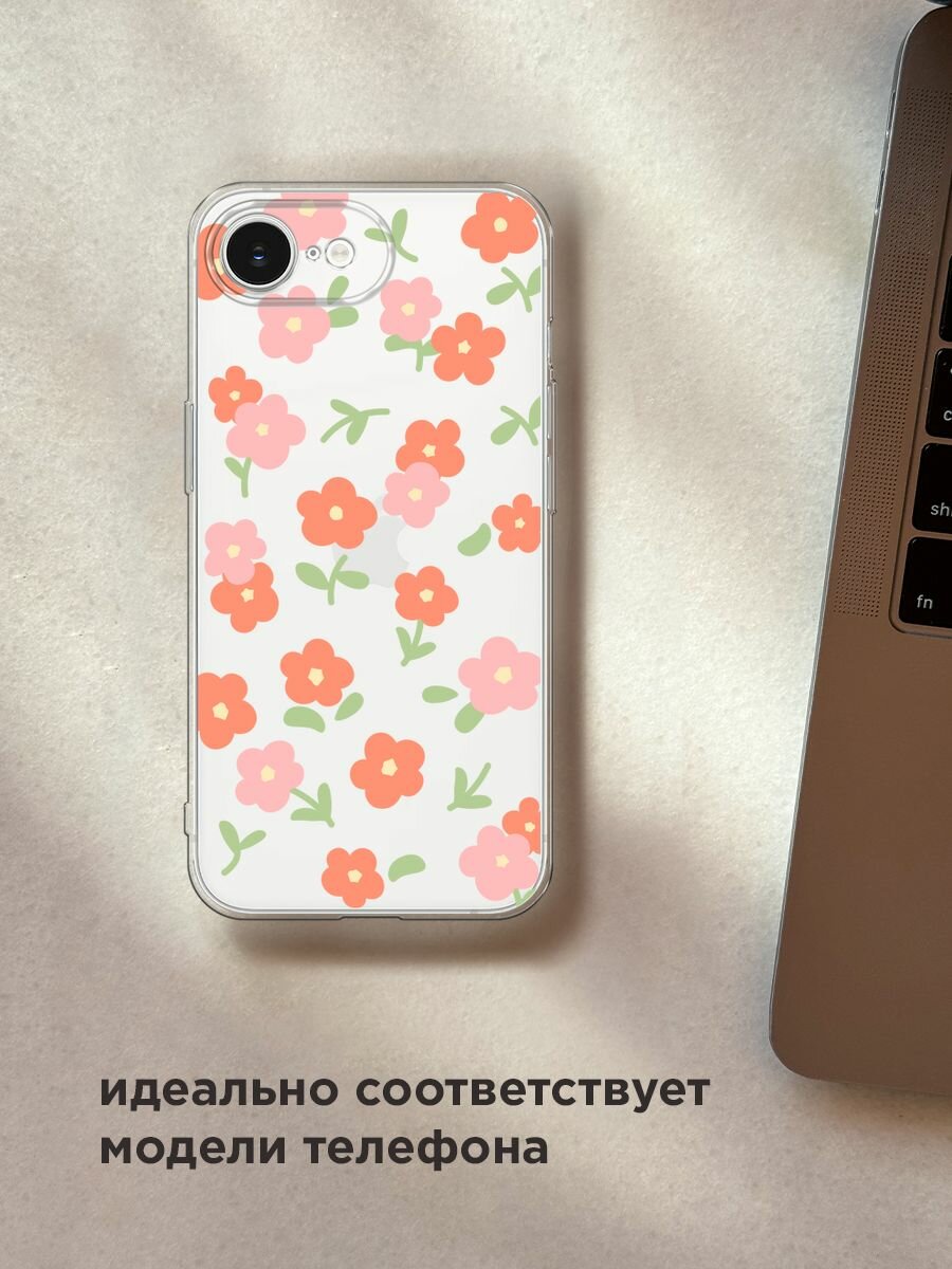 Чехол на Apple iPhone 16e/17e / Айфон 16е/17e с принтом "Красные цветочки рисунок", прозрачный — фото 1