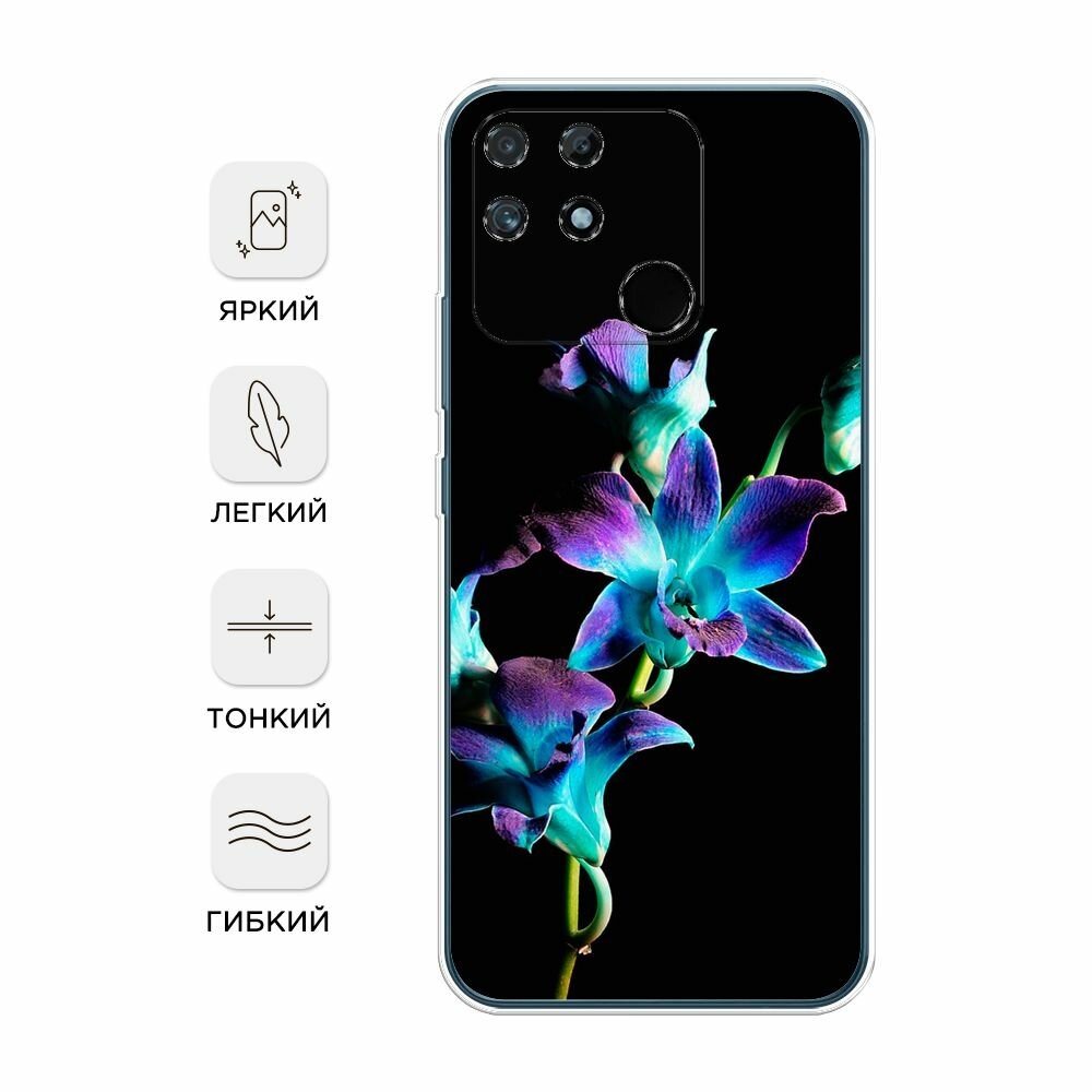 Чехол на Realme Narzo 50A / Реалми Нарзо 50A с принтом "Синий цветок на черном" — фото 1