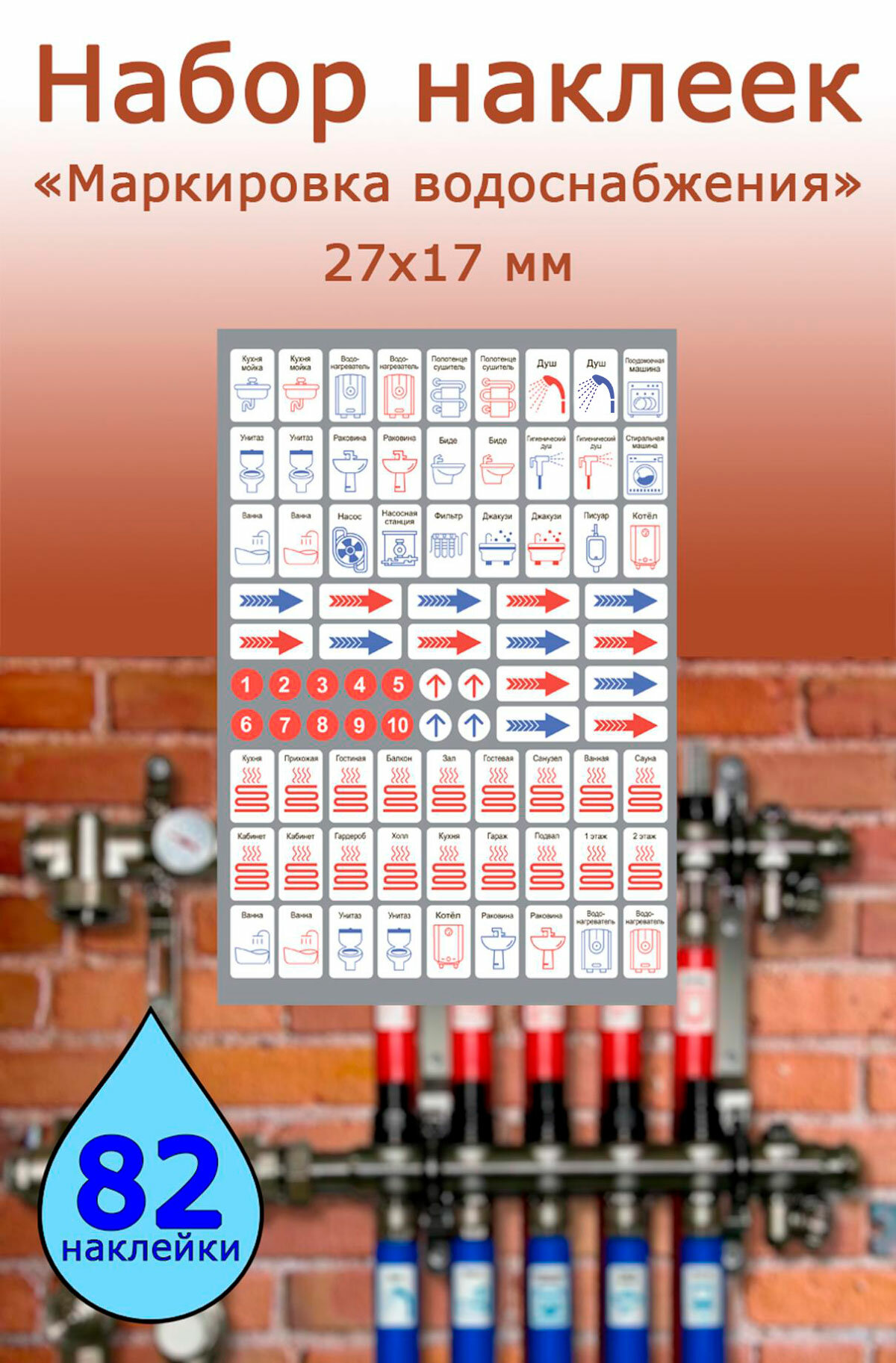 Набор наклеек Маркировка водоснабжения для сантехники