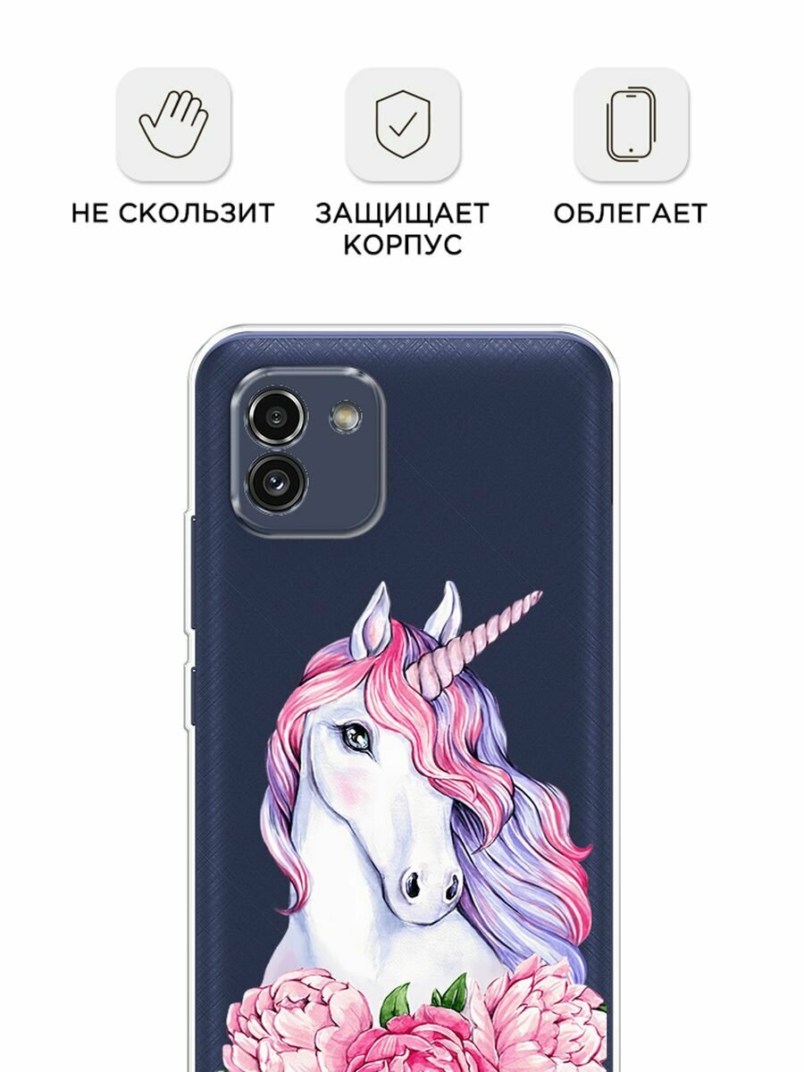 Чехол на Samsung Galaxy A03 / Самсунг Галакси А03 с принтом "Единорог с пионами", прозрачный — фото 1