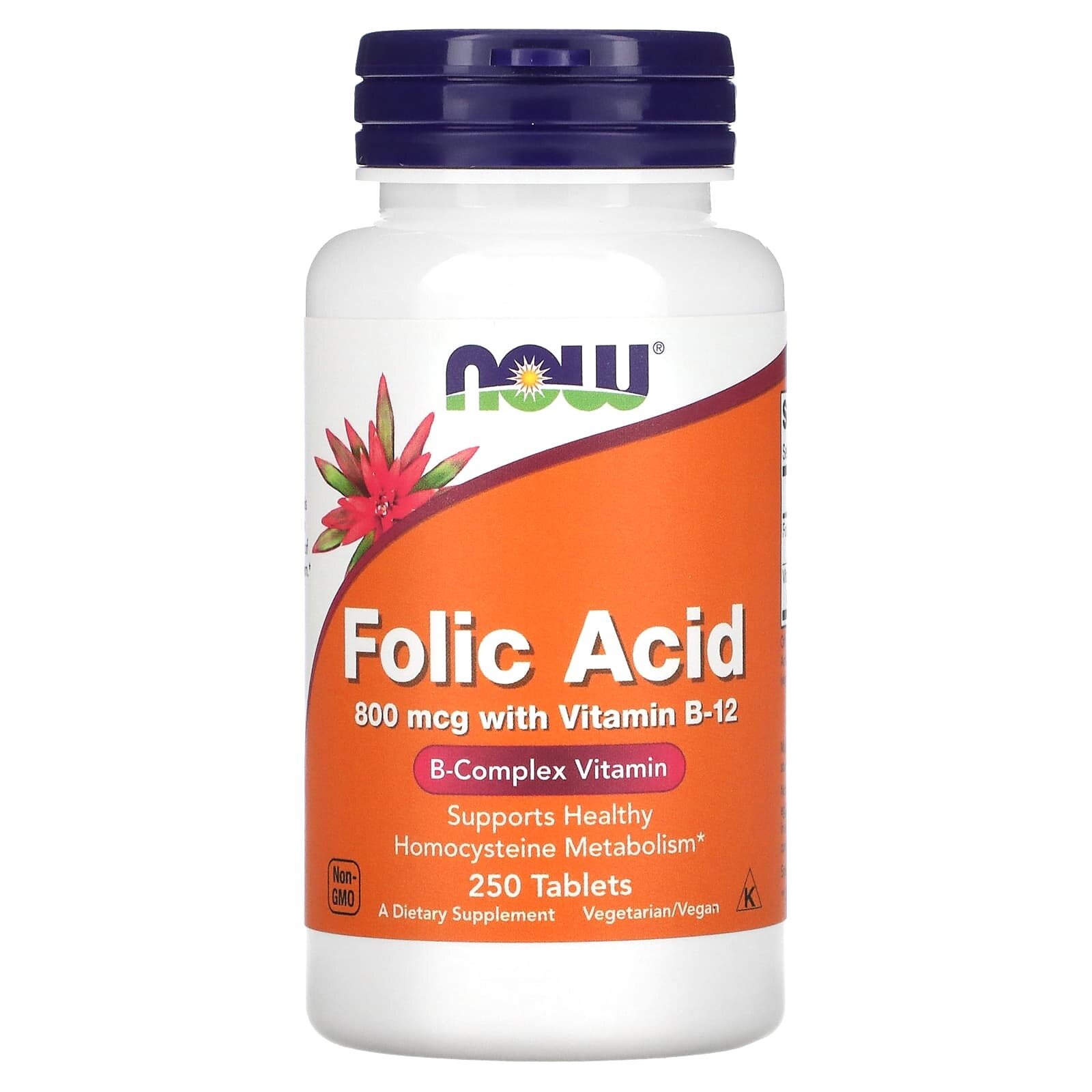 Now Foods Folic Acid, Фолиевая Кислота 800 мкг и Витамин B-12 - 250 таблеток