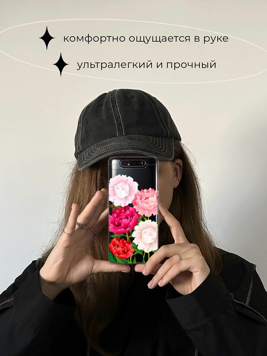 Чехол на Samsung Galaxy A80 / Самсунг Гэлакси A80 с принтом "Большие пионы", прозрачный — фото 1