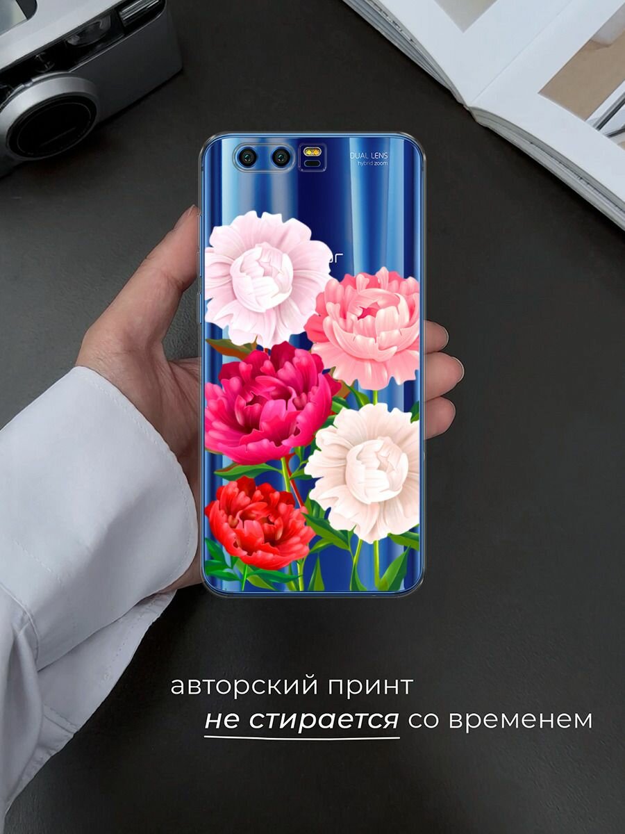 Чехол на Honor 9 / Хонор 9 с принтом "Большие пионы", прозрачный — фото 1