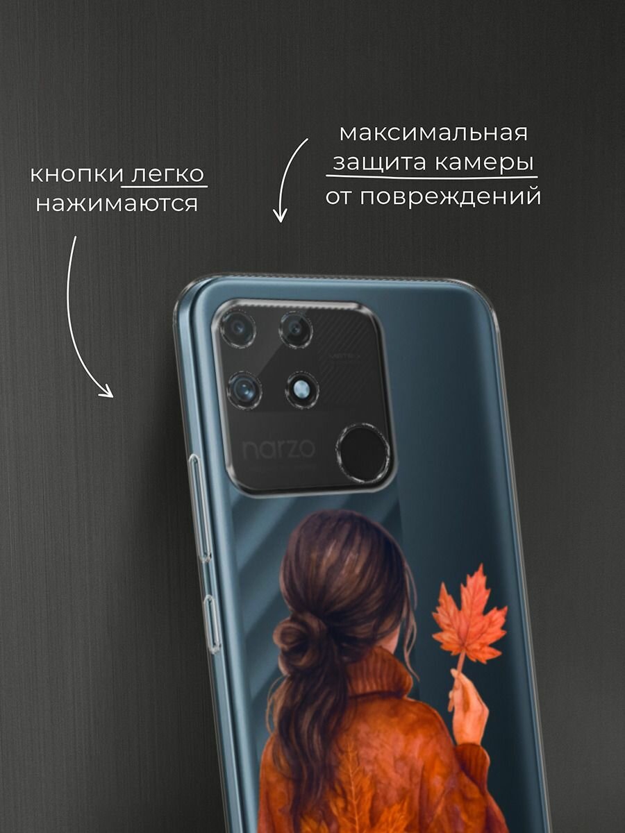 Чехол на Realme Narzo 50A / Реалми Нарзо 50A с принтом "Девушка с опавшим листом", прозрачный — фото 1