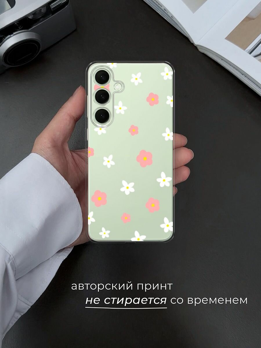 Чехол на Samsung Galaxy S25 Plus / Самсунг S25 Плюс с принтом "Розовые и белые цветы", прозрачный — фото 1