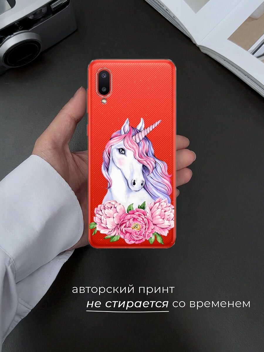 Чехол на Samsung Galaxy A02 / Самсунг Галакси А02 с принтом "Единорог с пионами", прозрачный — фото 1