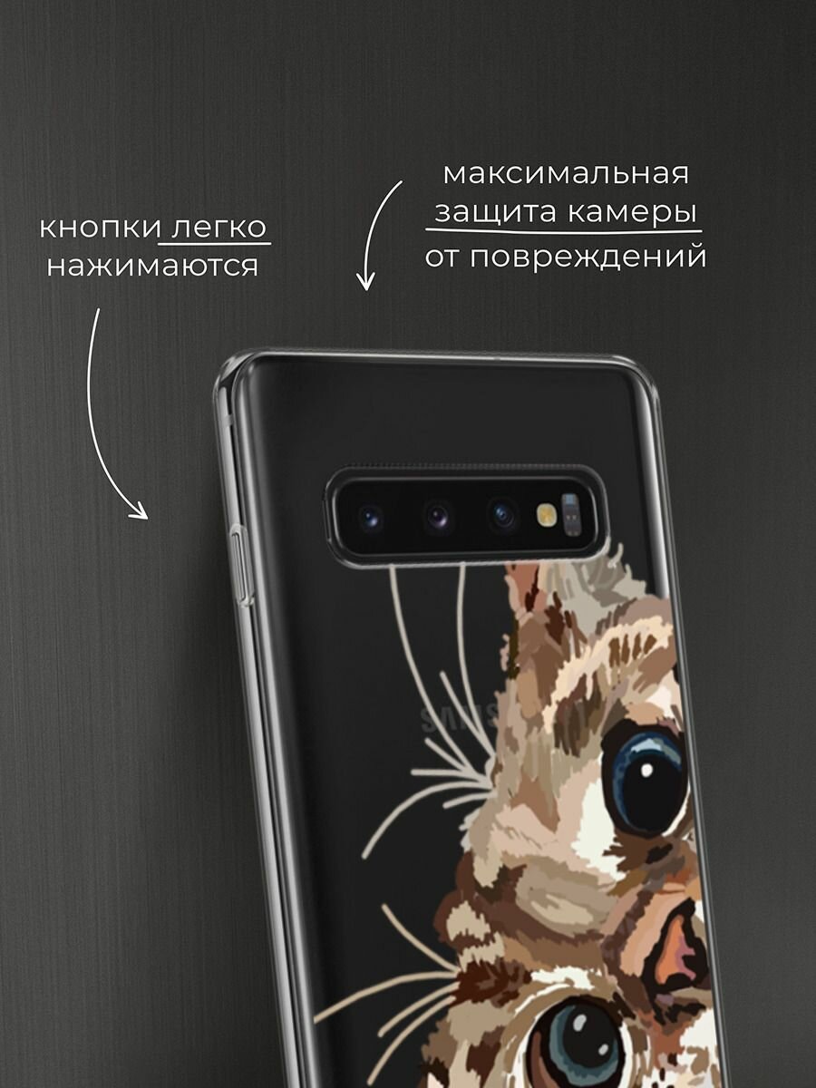 Чехол на Samsung Galaxy S10 / Самсунг Галакси S10 с принтом "Любопытный кот", прозрачный — фото 1