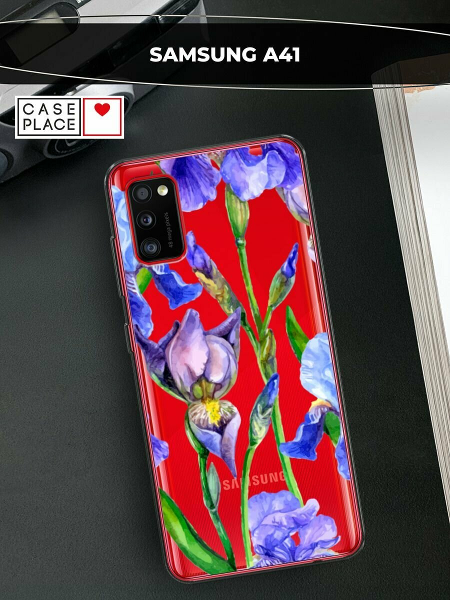 Чехол на Samsung Galaxy A41 / Самсунг Галакси А41 с принтом "Синие ирисы", прозрачный
