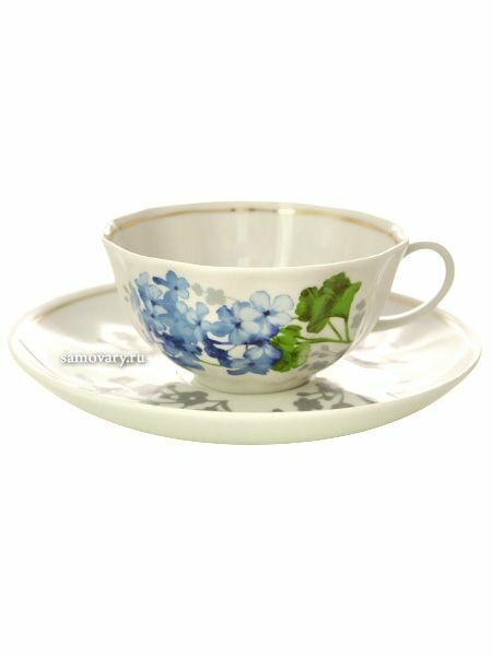 Чайная пара, чашка с блюдцем, 190 мл. Форма "Тюльпан", рисунок "Голубая герань". Фарфор. Дулёвский фарфоровый завод ДФЗ.