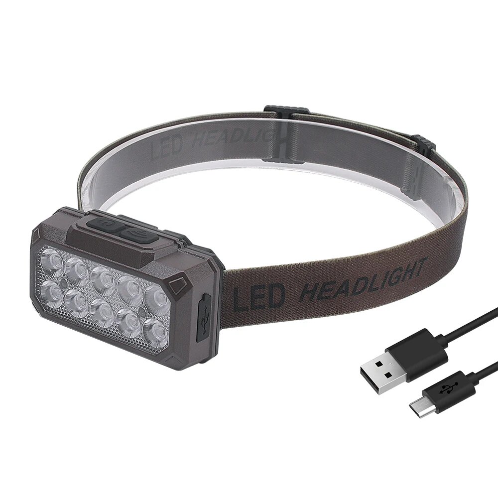 BORUiT Датчик движения Светодиодный налобный фонарь Type-C Перезаряжаемый водонепроницаемый налобный фонарик Встроенный аккум.