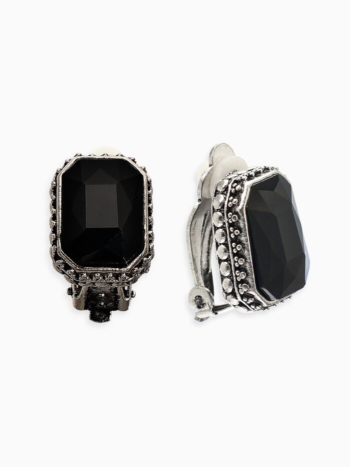 Серьги клипсы для ушей QF «Винтаж», чёрная в чернёном серебре