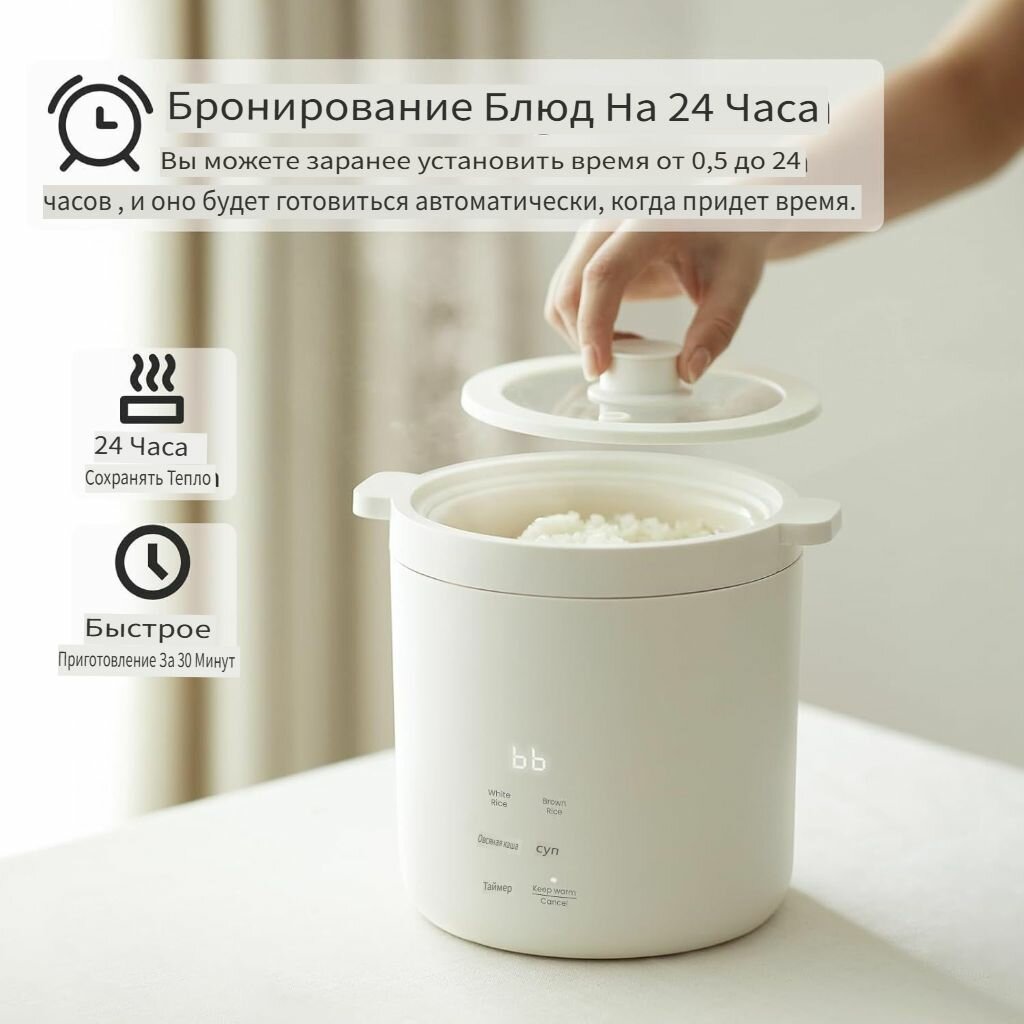 Mini Rice Cooker 2 Чашки Недоваренной, Небольшой, С 4 Функциями Приготовления, 24-часовой Предустановкой И Сохранением Тепла, Антиобжигающей Ручкой