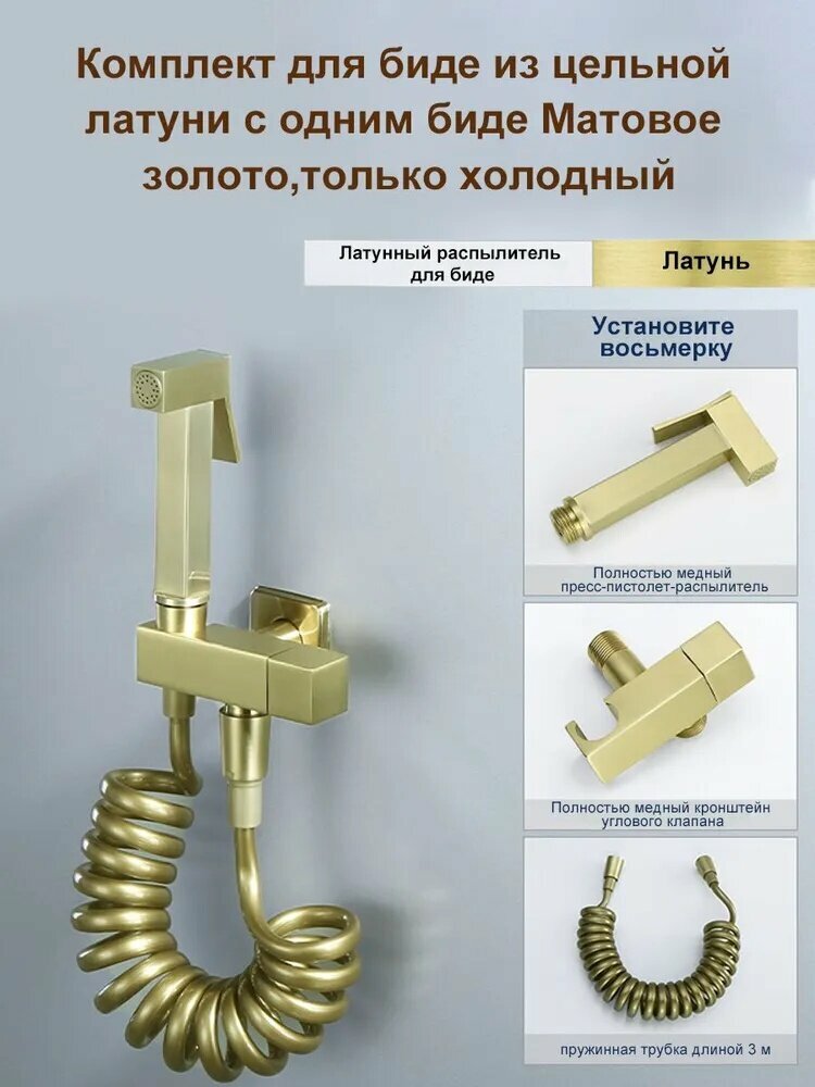 Лейка гигиеническая для биде (кран для холодной воды) RO5501BG2 лейка, 3M шланг, кран Матовое золото, латунь, Круглый