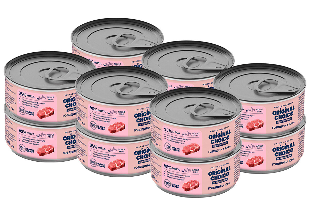 Корм влажный Original Choice Monoprotein Adult Mini для взрослых собак маленьких пород, с говядиной, 100 г х 12 шт
