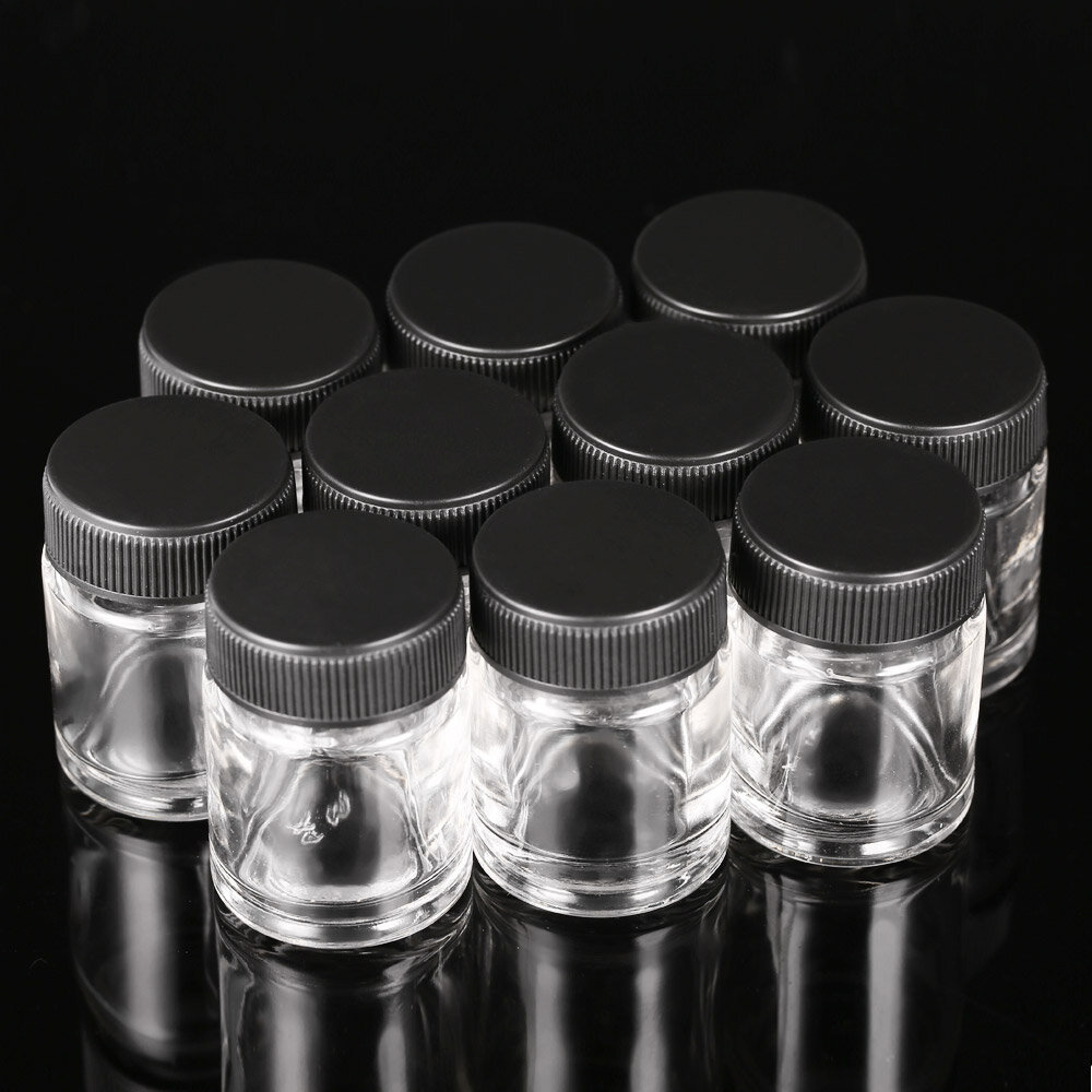 10 штук Бутылок для эйрбрша Стекло и ПП 3/4oz 22cc Банки для эйрбрша с Пластиковой Крышкой Использование на Эйрбршах Прозрачный Цвет Материал Стекло / ПП (Дополнительно) Объем 22cc / 3/4oz Размер Примерно 3.5 * 5см / 1.4 * 2.0дюйма (Диаметр * Высота)