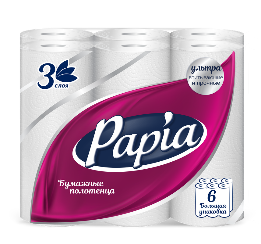 Бумажные Полотенца Papia, белые, 3 слоя, 6 рулонов