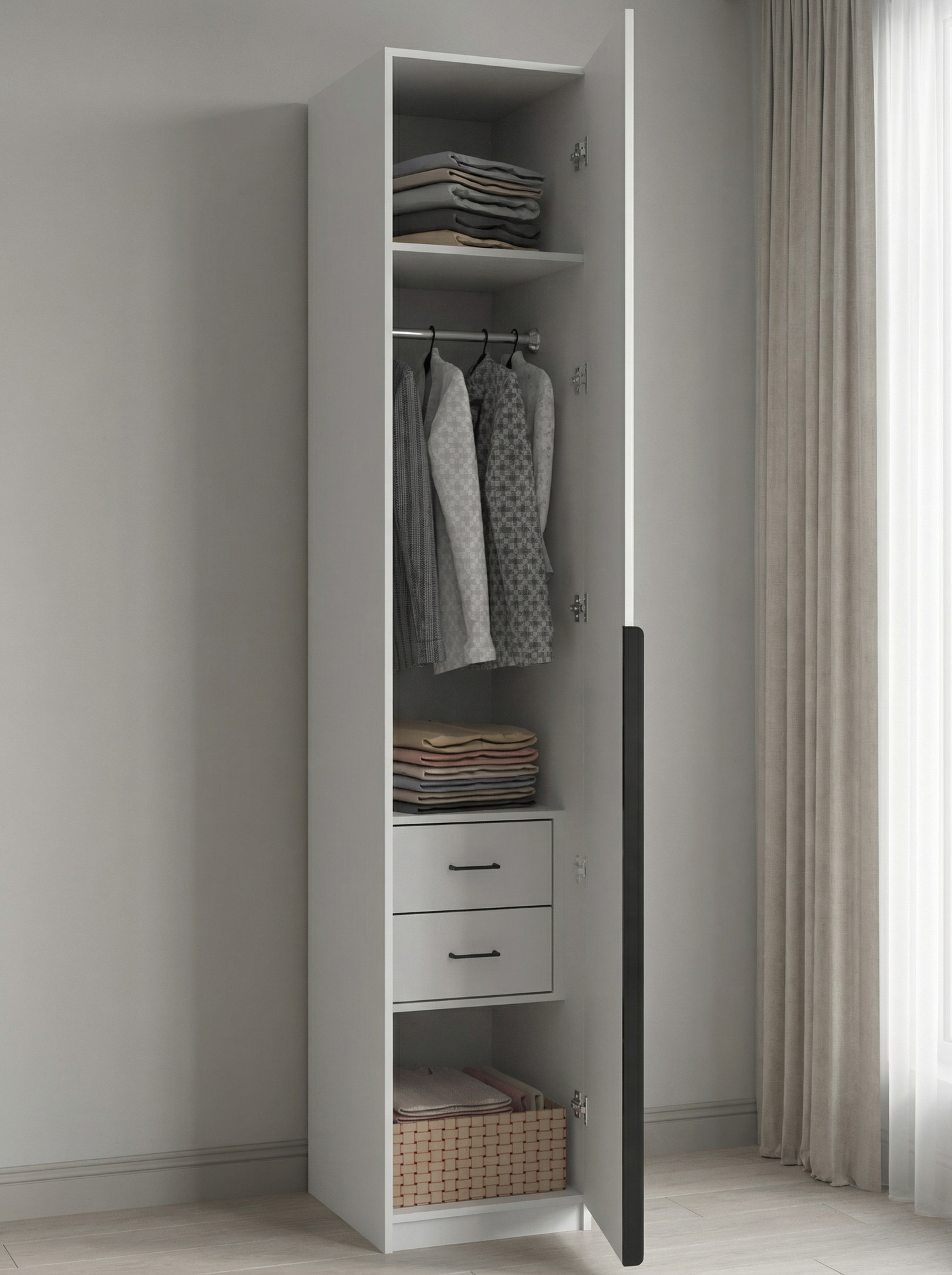 Шкаф-пенал Стич-13 с 2 ящиками, штангой для вешалок и длинной ручкой, ШхГхВ: 45х50х240 см, белый