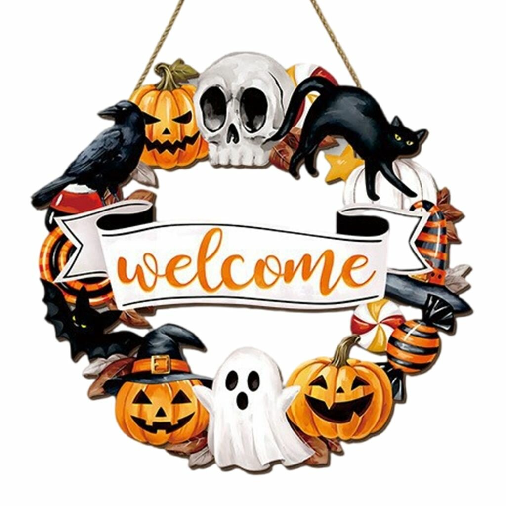 Деревянный венок с подвесной табличкой в виде собаки и тыквы для украшения двери на Хэллоуин, - 30cm - 3