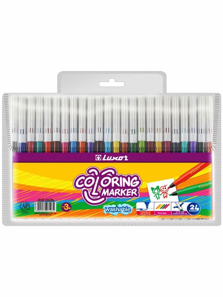 Фломастеры Luxor "Coloring", 24цв, смываемые, ПВХ, европодвес, 6101/24 WT