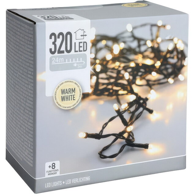 Светодиодная гирлянда Koopman Comfort 24 м, 320 теплых белых LED ламп, зеленый ПВХ, контроллер, таймер, IP44, Koopman (Купман), AX8451150