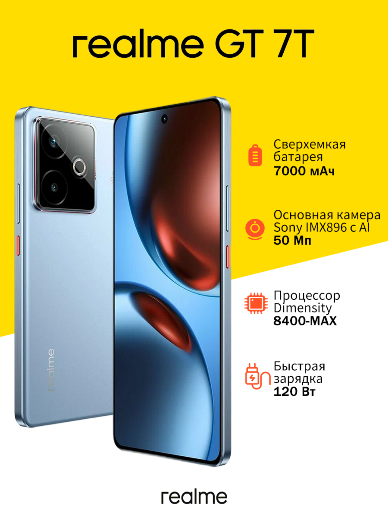 Смартфон Realme GT 7T 12/256GB AMOLED FHD+ 5G, Wi-Fi 7, Bluetooth 5.4, NFC, ИК‑порт, синий