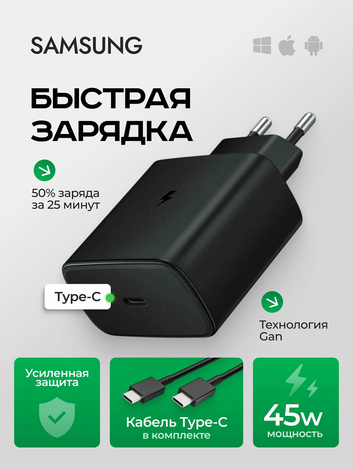 Блок питания, сетевой адаптер с проводом 5А Samsung EP-TA845 45W PD Power Adapter USB-C, черный