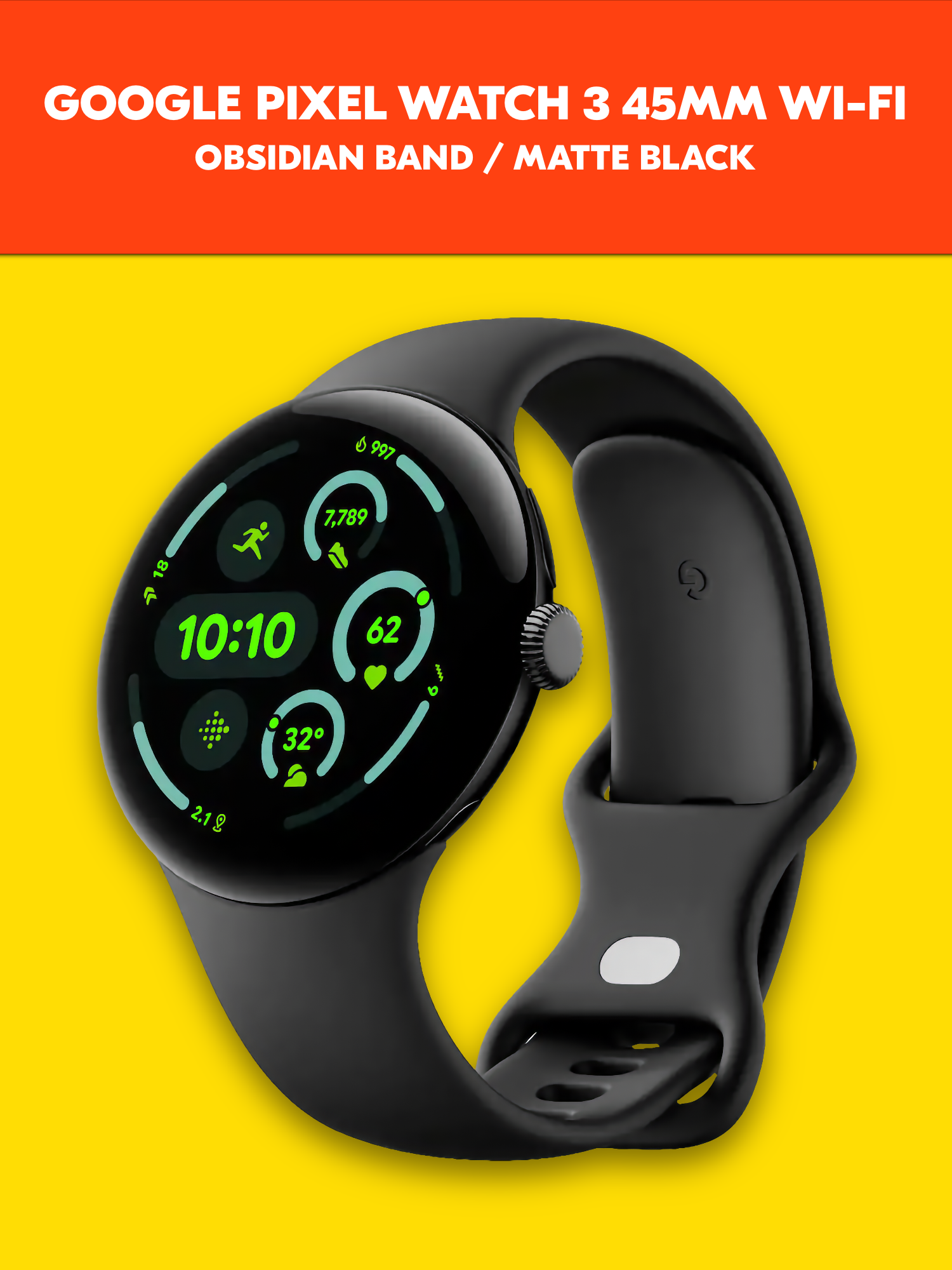 Умные часы Google Pixel Watch 3, 45 мм, Wi-Fi, матовый чёрный корпус, ремешок цвета чёрный обсидиан Matte Black