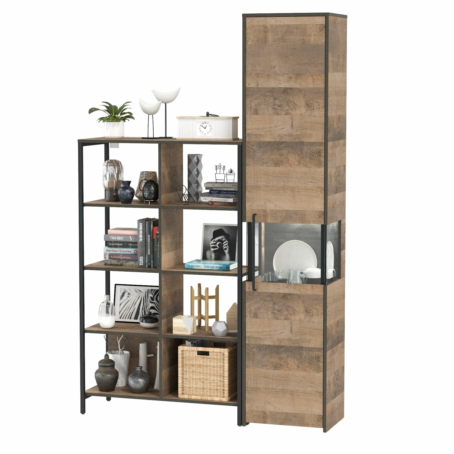 Стеллаж 13.151.02 и шкаф-пенал с витриной с подсветкой Трувор, цвет дуб гранж песочный/интра, ШхГхВ 134,8х37х210 см.