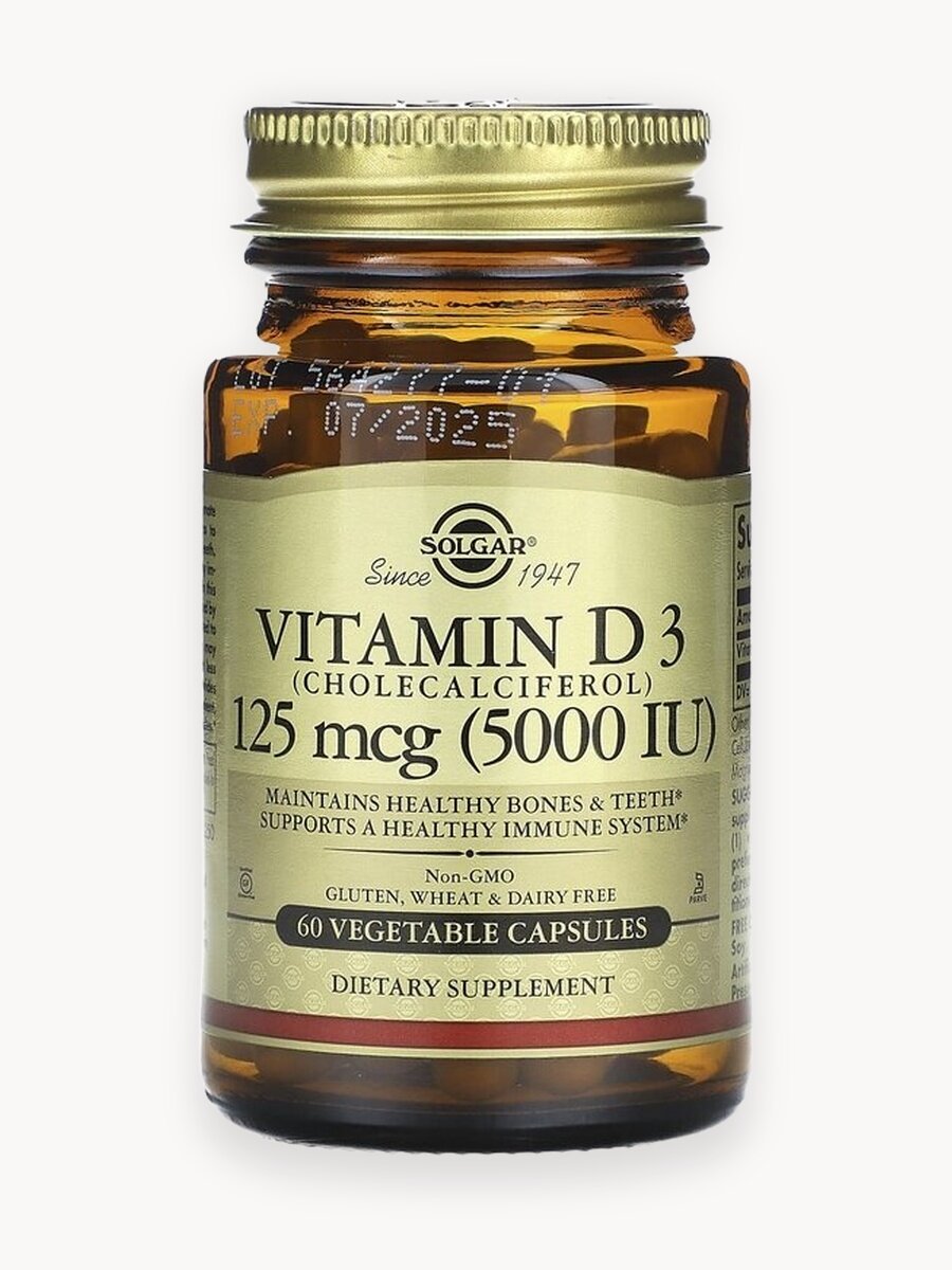 Solgar, Витамин D3 (холекальциферол), 125 мкг (5000 МЕ), 60 растительных капсул