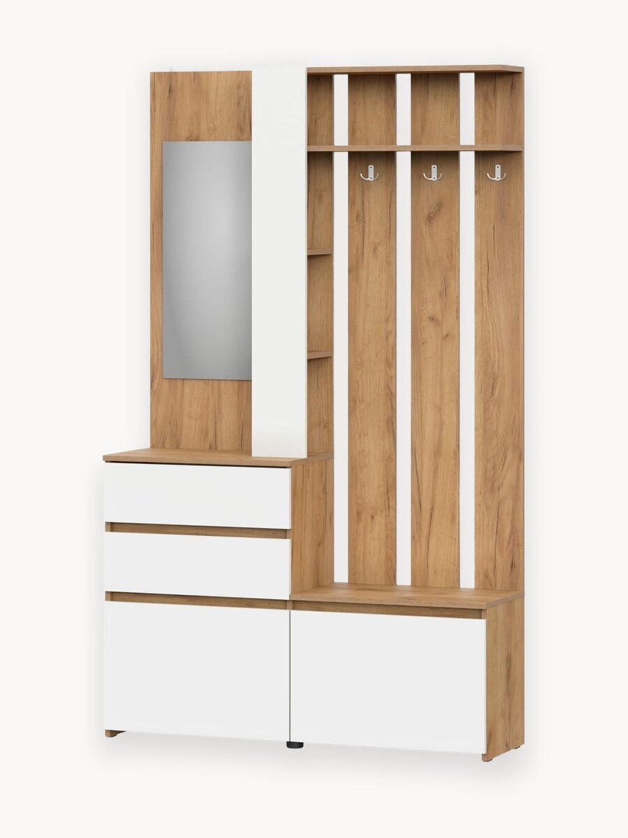 ARNIKA Вешалка с зеркалом в прихожую "Нейтив", 120х35х198см, белый/дуб золотой