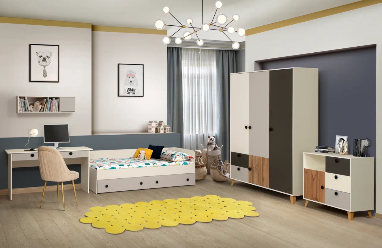 Молодежная Олимп Артис комплектация 3 (69.03+69.06+69.10+69.07+69.01) Белый, Серый, Диамант серый, Дуб вотан