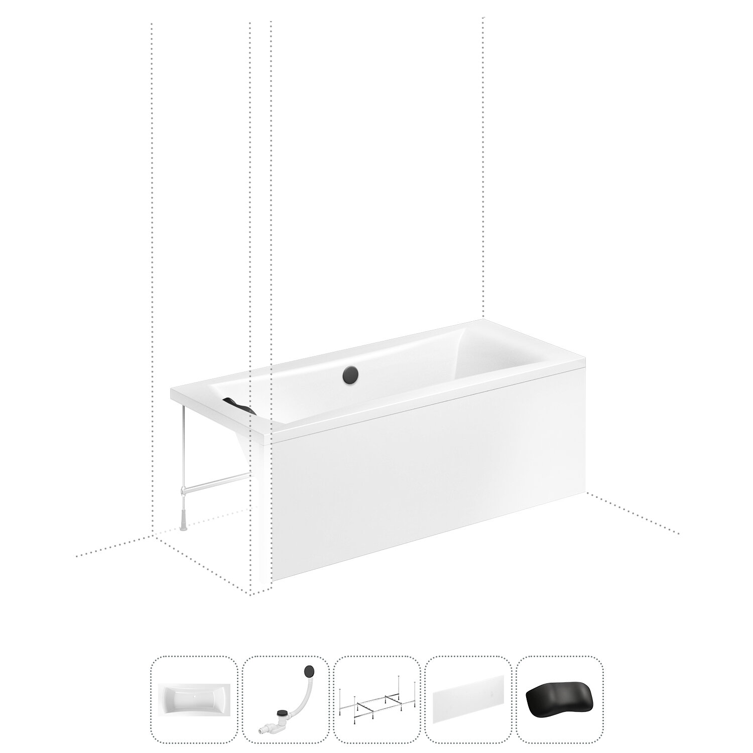 Акриловая ванна 200x90 с каркасом и экраном Lavinia Boho Evan 202011713 в наборе 5 в 1: прямоугольная ванна 200 x 90 см, слив-перелив, каркас, экран, подголовник