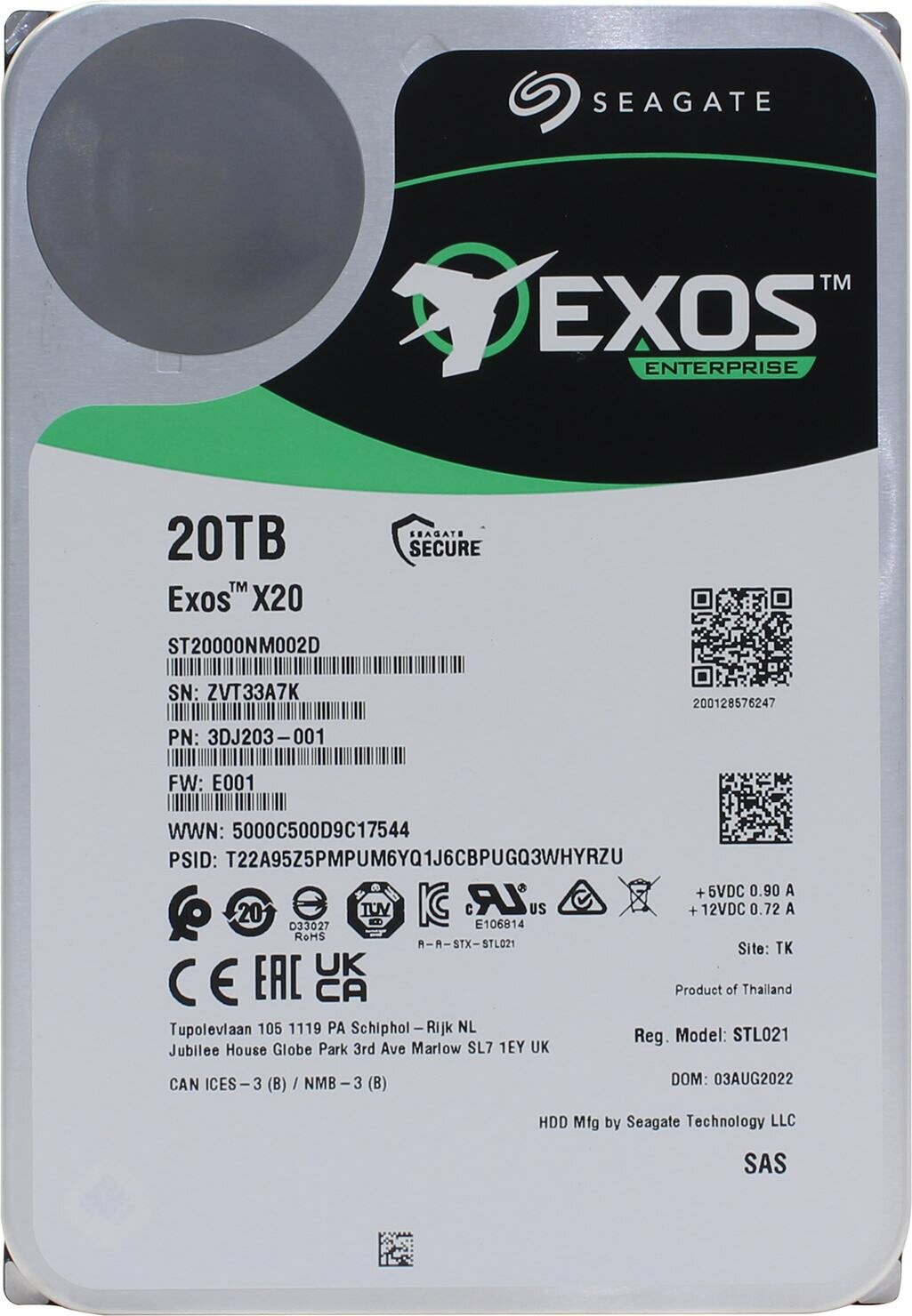 Seagate Жесткий диск 20ТБ Seagate Exos X20 ST20000NM002D, 7200об./мин, 256МБ (SAS) (oem)