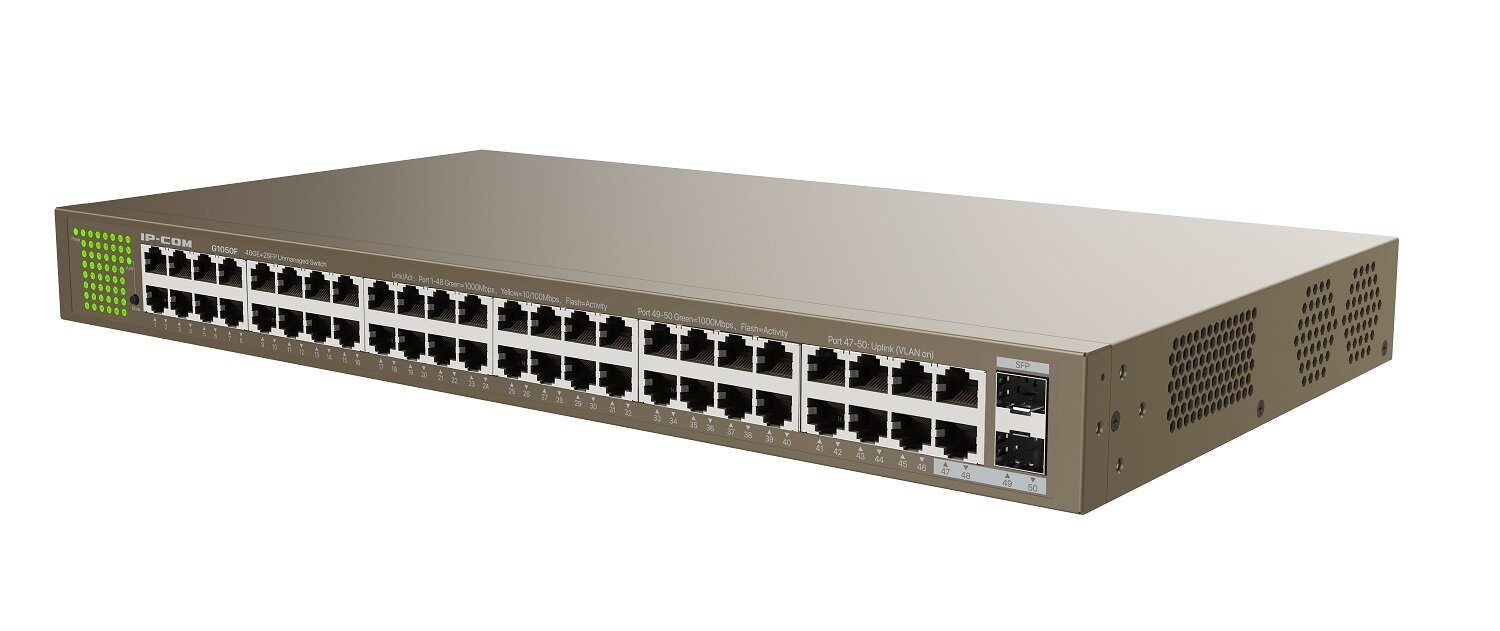IP-COM G1050F Коммутатор неуправляемый, 50 портов, 48x1 Гбит/с, SFP 2x1 Гбит/с, установка в стойку, металлический корпус