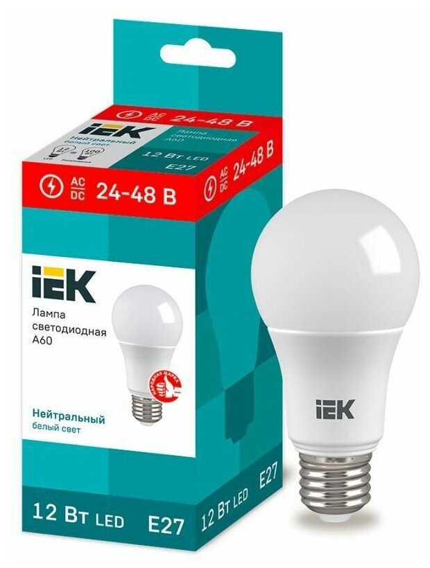 Лампа светодиодная 12Вт A60 грушевидная 4000К нейтр. бел. E27 24-48В низковольтная IEK LLE-A60-12-24-48-40-E27
