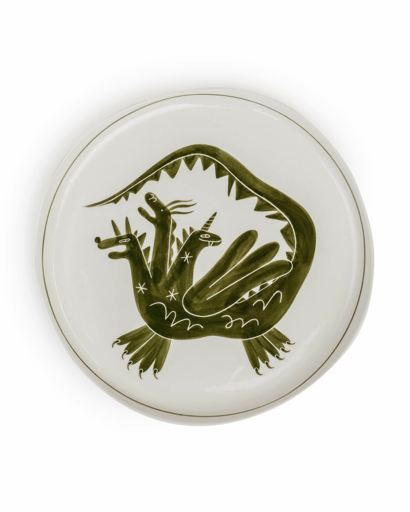 Тарелка "Горыныч" Лукоморье керамика, 23 см, белая с зеленым, ручная роспись