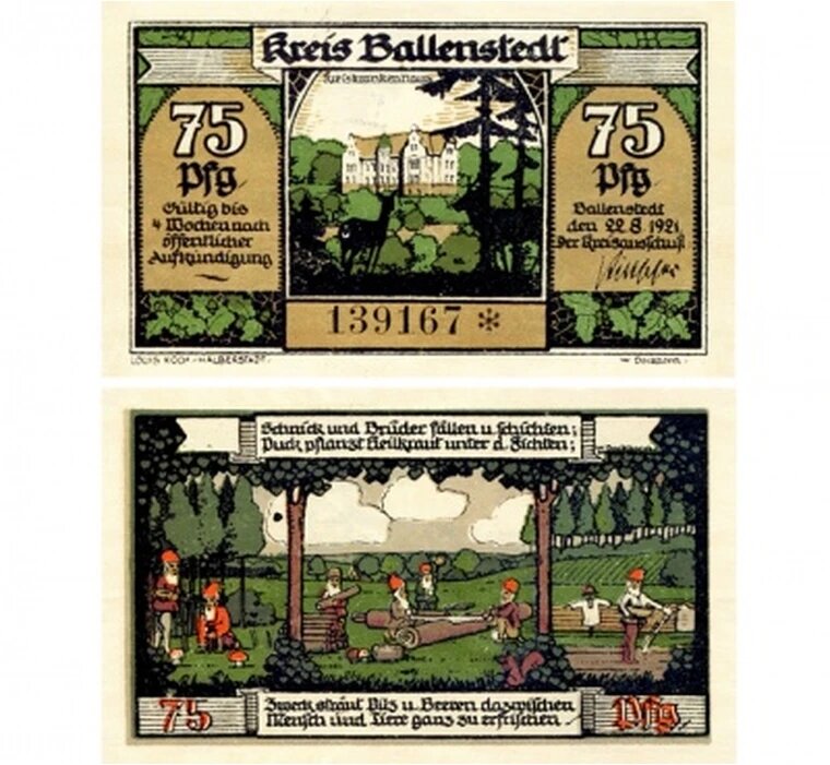 Нотгельд 75 пфеннигов 1921 Германия, Балленштедт, сувенирная копия, банкноты и купюры редкие коллекционные