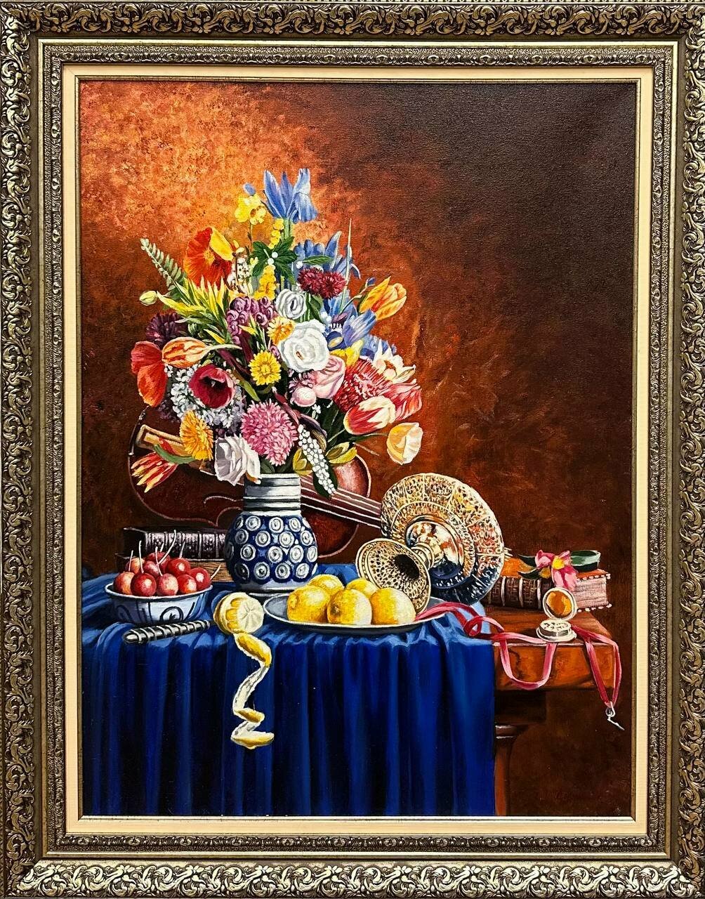 Картина маслом "Натюрморт с цветами и фруктами"