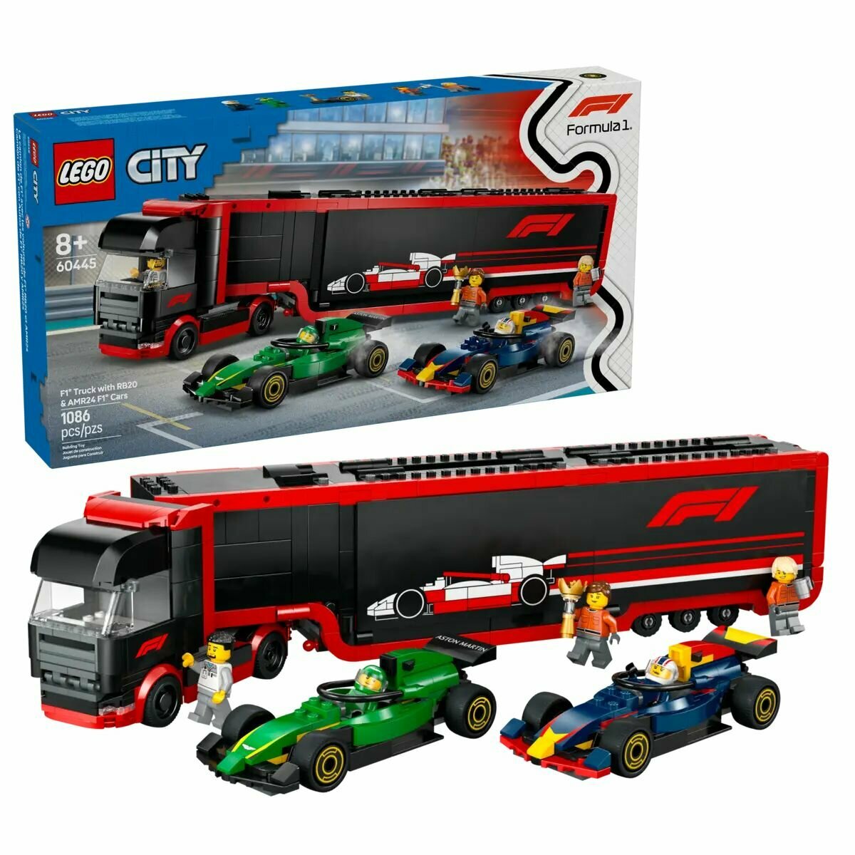 Конструктор LEGO City Грузовик с автомобилями RB20 и AMR24 60445, 1063 деталей, от 8 лет